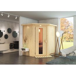 Karibu Sauna "&raquo;Liyah&laquo; mit Energiespart&uuml;r Kranz naturbelassen", ohne Ofen, ohne Steuerung, (ohne Ofen), beige, Saunen, in verschiedenen Ausf&uuml;hrungen