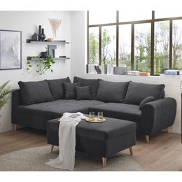 Lomadox Ecksofa mit Hocker und 8 Kissen in anthrazit, L-Form mit Recamiere links, Serie CUNEO-09 - anthrazit