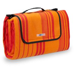 Relaxdays - Picknickdecke Fleece, wasserdichte Outdoordecke, wärmeisoliert, Tragegriff, xl 200x200cm, orange-rot gestreift