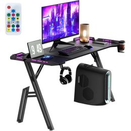 AUFUN Gaming Schreibtisch mit LED Computertisch Gamingtisch 140 x 50cm, Stabiler PC Schreibtisch mit Kohlefaserbeschichtung, Ergonomischer Gaming