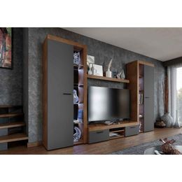 Mediawand Alvor xl Wohnwand TV-Schrank Vitrine 4-tlg, 300 cm Lefkas/Graphit - Furnix