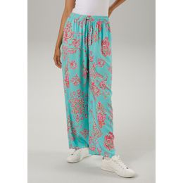 Schlupfhose Aniston CASUAL Gr. 36, N-Gr, bunt (türkis, pink, rosa, weiß, apfelgrün) Damen Hosen mit fantasievollem Blumendruck- jedes Teil ein Unikat