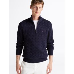 Strickpullover Tommy Hilfiger "CLASSIC COTTON CABLE ZIP MOCK" Gr. L, blau (desert sky) Herren Pullover mit modischem Zopfmuster