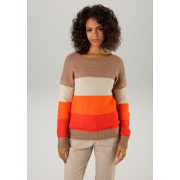 Strickpullover Aniston CASUAL Gr. 44, orange (camfelfarben, beige, orange, rot) Damen Pullover mit trendfarbenen, breiten Ringeln