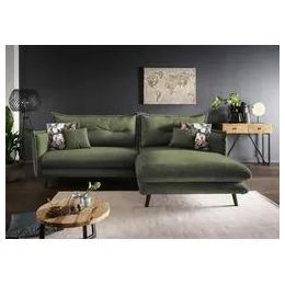 Ecksofa Inosign "Lazio" Sofas Gr. B/H/T: 255cm x 94cm x 180cm, Velours, Recamiere rechts, grün (dunkelgrün) zwei verschiedene Fußfarben wählbar