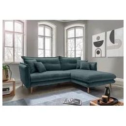 Ecksofa Inosign "Lazio" Sofas Gr. B/H/T: 255cm x 94cm x 180cm, Velours, Recamiere rechts, blau (ocean) zwei verschiedene Fußfarben wählbar