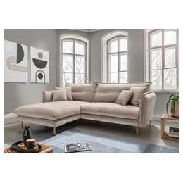 Ecksofa Inosign "Lazio" Sofas Gr. B/H/T: 255cm x 94cm x 180cm, Velours, Recamiere links, beige zwei verschiedene Fußfarben wählbar