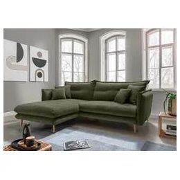 Ecksofa Inosign "Lazio" Sofas Gr. B/H/T: 255cm x 94cm x 180cm, Velours, Recamiere links, grün (olive) zwei verschiedene Fußfarben wählbar