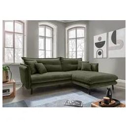 Ecksofa Inosign "Lazio" Sofas Gr. B/H/T: 255cm x 94cm x 180cm, Velours, Recamiere rechts, grün (olive) zwei verschiedene Fußfarben wählbar