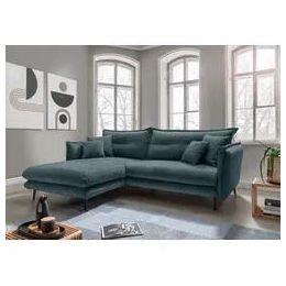 Ecksofa Inosign "Lazio" Sofas Gr. B/H/T: 255cm x 94cm x 180cm, Velours, Recamiere links, blau (ocean) zwei verschiedene Fußfarben wählbar