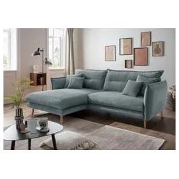 Ecksofa Inosign "Lazio" Sofas Gr. B/H/T: 255cm x 94cm x 180cm, Cord, Recamiere links, blau (aqua, zierkissen aqua) zwei verschiedene Fußfarben wählbar