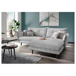 Ecksofa Inosign "Lazio" Sofas Gr. B/H/T: 255cm x 94cm x 180cm, Webstoff, Recamiere rechts, grau (grau, blau, zierkissen grau) zwei verschiedene Fußfarben wählbar