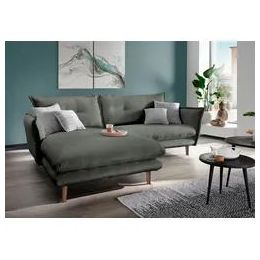 Ecksofa Inosign "Lazio" Sofas Gr. B/H/T: 255cm x 94cm x 180cm, Webstoff, Recamiere links, grau (anthrazit, zierkissen grau, blau) zwei verschiedene Fußfarben wählbar