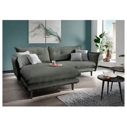 Ecksofa Inosign "Lazio" Sofas Gr. B/H/T: 255cm x 94cm x 180cm, Webstoff, Recamiere links, grau (anthrazit, zierkissen grau, blau) zwei verschiedene Fußfarben wählbar