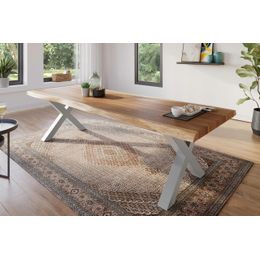 Esstisch 280 x 100 cm Akazie massiv natur Baumkantentisch X-Gestell silber ATLAS