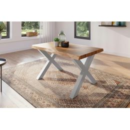 Esstisch 120 x 80 cm Akazie massiv natur Baumkantentisch X-Gestell silber ATLAS