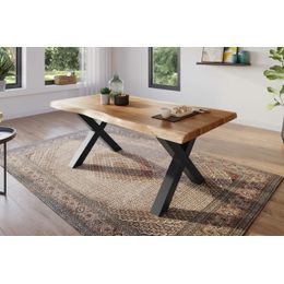 Esstisch 180 x 90 cm Akazie massiv natur Baumkantentisch X-Gestell schwarz ATLAS