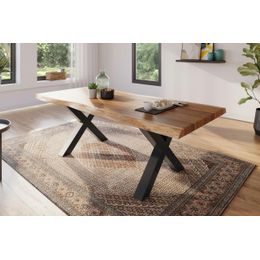 Esstisch 200 x 100 cm Akazie massiv natur Baumkantentisch X-Gestell schwarz ATLAS
