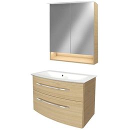 Fackelmann - b.style Badmöbel Set – Waschbecken mit Unterschrank und LED-Spiegelschrank in Holz braun – Waschbeckenunterschrank 80 cm hängend breit –