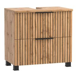 Lomadox Waschbeckenunterschrank 60cm, Eiche mit gestreifter Front, LIVINGSTON-03 - braun