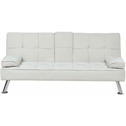 Beliani 3-Sitzer Sofa Hellbeige Stoffbezug Gesteppt mit Schlaffunktion Integriertem Tisch Klapparmlehne Modern Skandi Wohnzimmer Schlafsofa Sofabett