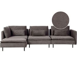 Beliani 3-Sitzer Ecksofa Dunkelbraun Stoffbezug Cord Modular mit Chaiselongue Rechtsseitig L-Form Kissen Schlanke Armlehnen Modern Wohnzimmer Modulsofa