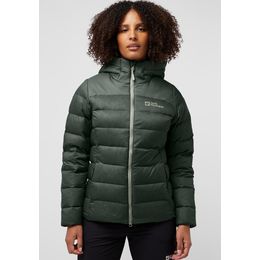 Daunenjacke Jack Wolfskin "NEBELHORN DOWN HOODY W", Damen, Gr. L (42/44), grün (slate, grün), Obermaterial: 100% Polyamid; Kontrast: 75% Polyamid, 25% Elastan; Futter: 100% Polyester; Füllung: 90% Entendaunen, 10% Federn, Jacken