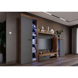 Mediawand Alvor Wohnwand TV-Schrank Vitrine led 4-tlg 270cm Lefkas/Graphit - Furnix