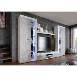 Mediawand Alvor xl Wohnwand TV-Schrank Vitrine 4-tlg. 300 cm breit Weiß/Beton - Furnix