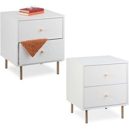 Nachttisch 2er Set, 2 Schubladen, Nachtschrank Schlafzimmer, Beistelltisch, HxBxT: 52 x 45 x 40 cm, weiß/gold - Relaxdays