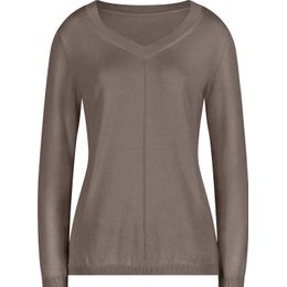 Damen V-Ausschnitt-Pullover mit Biesen vorne taupe, Gr&ouml;&szlig;e 48