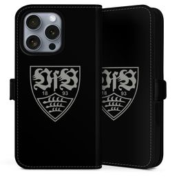 DeinDesign iPhone 16 Pro Max Handy Klapph&uuml;lle Handyh&uuml;lle aus Kunst Leder schwarz Flip Case Official Licensed Product Vfb Stuttgart Logo Sideflip mit Lasche