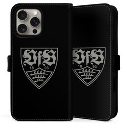 DeinDesign iPhone 16 Pro Handy Klapph&uuml;lle Handyh&uuml;lle aus Kunst Leder schwarz Flip Case Official Licensed Product Vfb Stuttgart Logo Sideflip mit Lasche