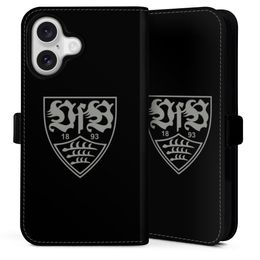 DeinDesign iPhone 16 Handy Klapph&uuml;lle Handyh&uuml;lle aus Kunst Leder schwarz Flip Case Logo Official Licensed Product Vfb Stuttgart Sideflip mit Lasche