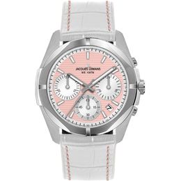 Chronograph Jacques Lemans "Monte Carlo", weiß (weiß, rosa), Armbanduhren, Damen, Quarzuhr, Armbanduhr, Damenuhr, Datum, Stoppfunktion, Lederarmband