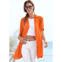 Longbluse Lascana Gr. 34, orange, Damen, Cru00eape, Obermaterial: 100% Viskose, unifarben, Blusen, mit Knopfleiste, Kurzarmbluse, Blusenkleid, sommerlich