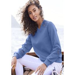 Sweatshirt Vivance, Damen, Gr. 32/34, blau (royalblau), Sweatware, Obermaterial: 60% Baumwolle, 40% Polyester. Spitze: 100% Baumwolle, unifarben, figurumspielend hüftlang, V-Ausschnitt, angesetztes Bündchen, Sweatshirts Sweatshirt, mit Spitzeneinsätzen an Schulter und Ärmel