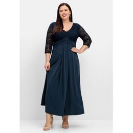 Abendkleid sheego "Große Größen" Gr. 58, Normalgrößen, blau (nachtblau) Damen Kleider mit Oberteil aus floraler Spitze