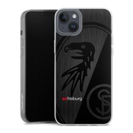 DeinDesign iPhone 14 Plus Handy Silikon H&uuml;lle Case transparent Handyh&uuml;lle Sc Freiburg Metallic Look Official Licensed Product Silikon Case