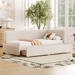 Polsterbett Schlafsofa 90200 Multifunktionsbett mit 2 großen Stauraumschubladen und Lattenrost hautfreundlicher Samtstoff Beige