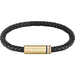 Lederarmband BOSS "ARES SINGLE, 1580623, 1580624" Armbänder Gr. Edelstahl-Leder, gelbgoldfarben-schwarz-weiß-braun Herren