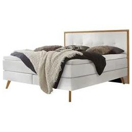 Boxspringbett Hasena "Nordic" Komplettbetten Gr. Kunstleder Massivholz Matratze H3, mit Topper Superio, Liegekomfort soft, Liegefläche B/L: 140cm x 200cm, H3, Tonnentaschen-Federkernmatratze, braun (weiss/eiche bianco) Boxspringbett modernes Design, Nordic Bett, gestepptes Kopfteil, Eichenholz