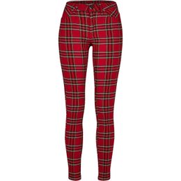 Stoffhose Urban Classics "Urban Classics Damen Ladies Skinny Tartan Pants", Damen, Gr. 31, Normalgrößen, rot (rot, schwarz), 71% Viskose, 25% Polyester, 4% Elasthan, kariert, skinny fit, Hosen