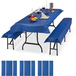 Relaxdays 12 x Bierzeltgarnitur Auflage, 4 Biertisch Tischdecken 250x100cm, 8 Bierbankauflagen 250x55cm, Outdoor, abwaschbar, blau