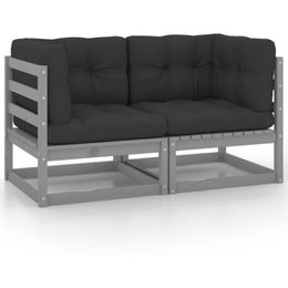 vidaXL - Gartensofa 2-Sitzer mit Kissen Grau Kiefer Massivholz