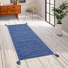 Teppich Wohnzimmer Modern Einfarbig Mit Fransen Baumwolle Webteppich In Blau 80x150 cm - Paco Home