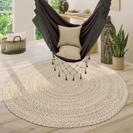 Paco Home - Teppich Rund Wohnzimmer Jute Boho Ethno Muster Modern Handgefertigt Naturteppich Beige, 120 cm Rund