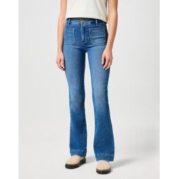 Bootcut-Jeans Wrangler "Flare" Gr. 28, Länge 32, blau (raven) Damen Jeans im Retro-Design mit ausgestelltem Bein