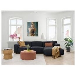 Ecksofa furninova "Vesta mit tollem Sitzkomfort und schöner Detailverarbeitung" Sofas Gr. B/H/T: 300cm x 74cm x 160cm, Struktur, Recamiere rechts, inklusive 3 Rückenkissen, blau (dunkelblau) mit attraktiver Naht in Kederoptik, im skandinavischen Design