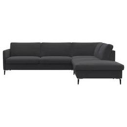 Ecksofa FLEXLUX "Fiore, super Sitzkomfort durch Kaltschaum im Sitz, L-Form" Sofas Gr. B/H/T: 266cm x 85cm x 225cm, Lederoptik, Ottomane rechts, grau (shark grey) schmale Armlehnen, Füße Alu+schwarz